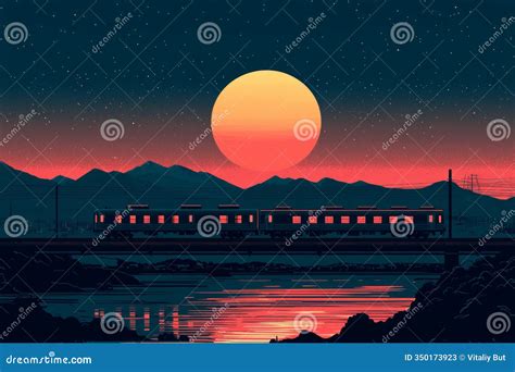 Simple Train Silhouette Glides Across Gentle Hills Framed Vivid Sunset