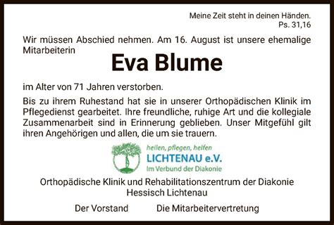 Traueranzeigen Von Eva Blume Trauer Hna De