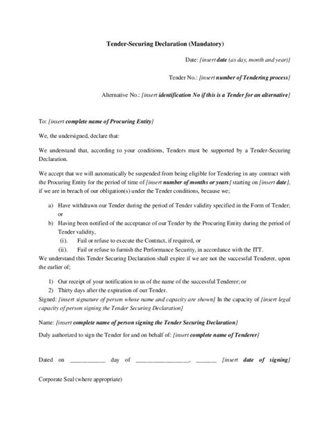 Fillable Online Form Of Tender Securing Declaration Fax Email Print Pdffiller