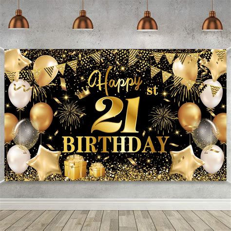 Happy 21st Birthday Banner Black Gold Party Decorations Backdrop For