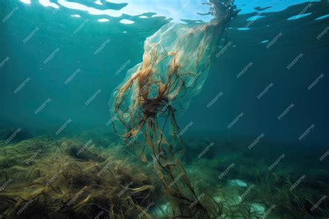 Bolsa De Plástico Enredada En Algas Marinas En El Fondo Del Océano
