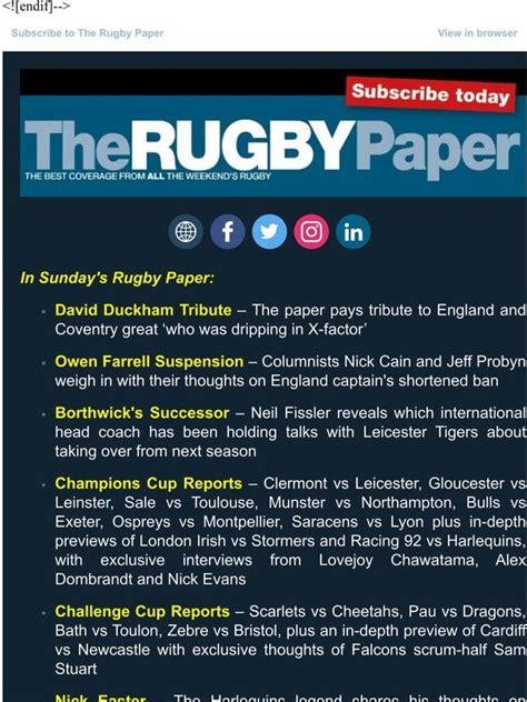 The Rugby Paper Out This Sunday David Duckham Tribute Cain And Probyn On Farrell Ban Nick