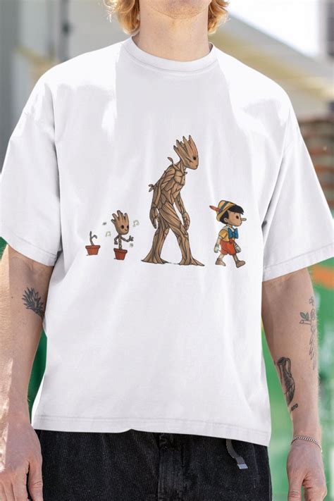 Evolution Of Groot And Pinocchio T Shirt Fun Crossover Graphic Tee