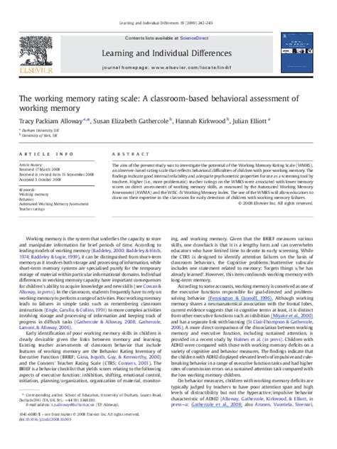 Pdf The Working Memory Rating Scale A Classroom Based Behavioral