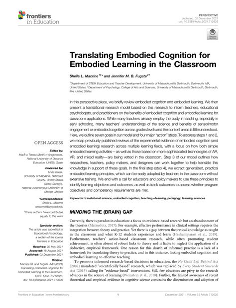 Pdf Translating Embodied Cognition For Embodied Learning In The Classroom