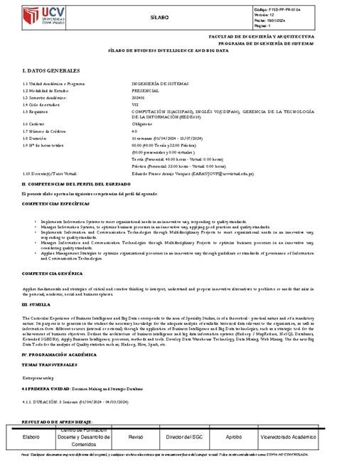 Silabo Business Intelligence And Big Data SÍlabo Versión 12 Fecha 1901 Página 1 Elaboró