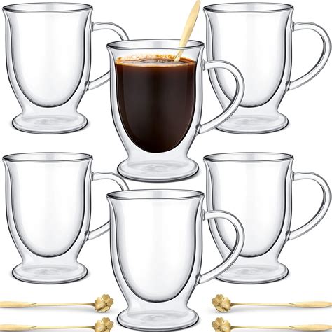 6 Sets Double Wall Glass Coffee Mugs With Sakura Spoon