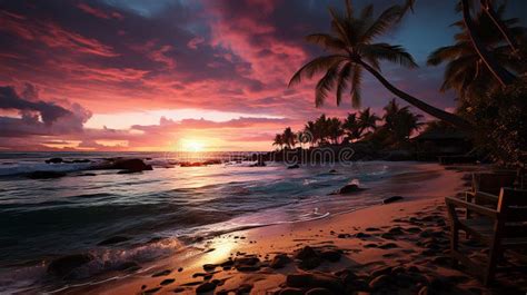 Fantastic Island Beach And Sunset Sky With Palm Tree Leaves Luxury