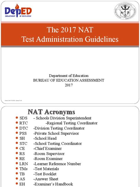 2017 Nat Test Admin Guidelines Pdf Test Assessment Science