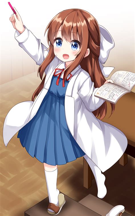 Safebooru 1girl Arm Up Blue Dress Blue Eyes Blush Book Bow Brown Hair