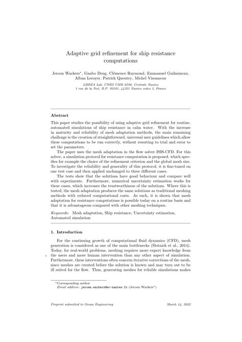 Pdf Adaptive Grid Refinement For Ship Resistance Computations