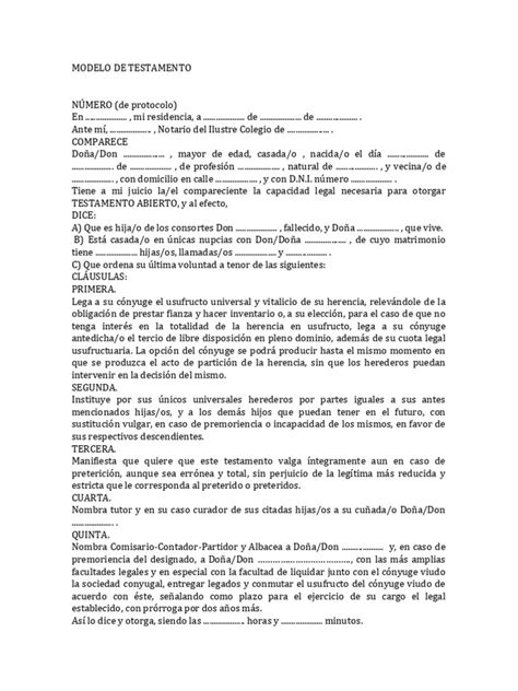 Modelo De Testamento Con Usufructo Pdf Herencia Justicia