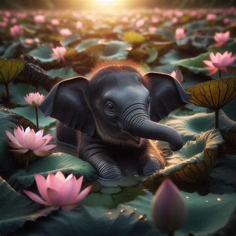 An Elephant Is Surrounded By Lotus Flowers And Has The Sun Behind It
