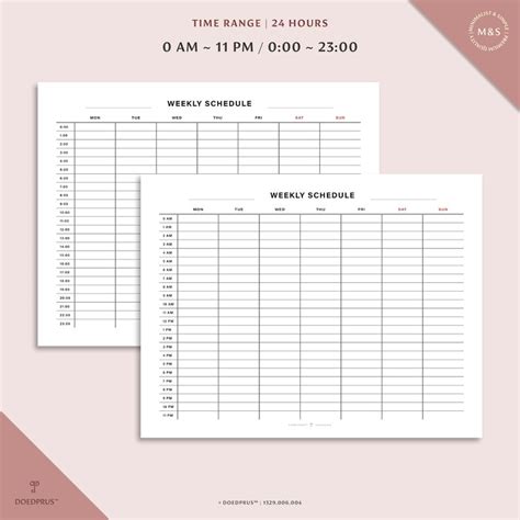 24 Hour Weekly Schedule Sheets Hourly Layout 12 Hour24 Hour Time