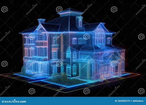 3d Holographic Blueprint Of A Building Stock Illustration