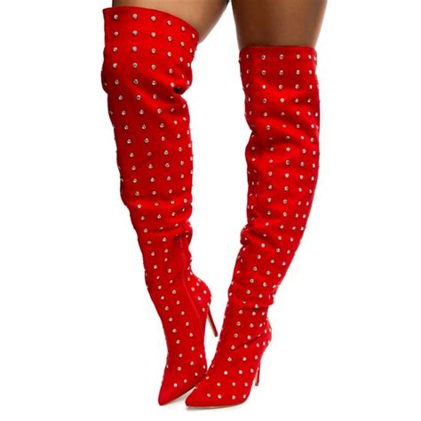 Liliana Muccia 1 All Over Rhinestone Thigh High Boots Muccia 1 Red Shiekh
