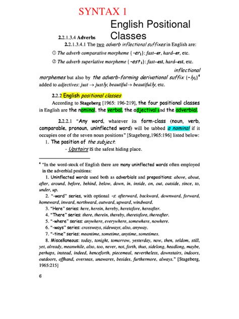 Syntax 1 English Positional Classes Pdf Adverb Verb