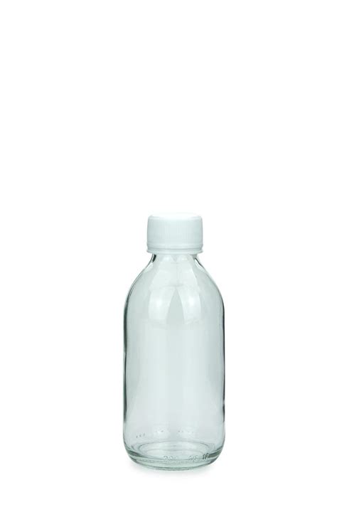 Glass Syrup Bottle Clear 200 Ml Pp28 With Pfp 28 Screw Cap White Top