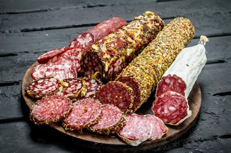 Premium Photo Different Types Of Salami On Wooden Board