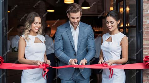 Premium Photo Handsome Man Is Cutting The Red Ribbon On The Grand