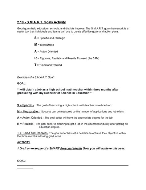 Goals Assignment Careers 2 Smar Goals Activity Good Goals Help Educators Schools And
