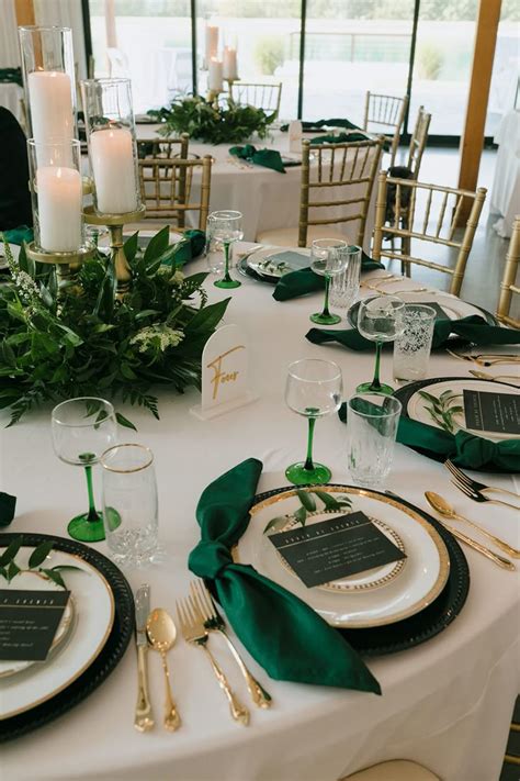 Lush Florals And Green Accents For Wedding Guest Table Green Themed Wedding Emerald Green