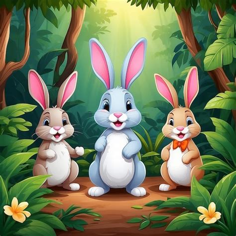 Cute Three Rabbits Cartoon In The Jungle Premium Ai Generated Image