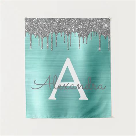 Silver Teal Glitter Brushed Metal Monogram Name Tapestry Zazzle
