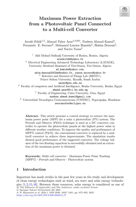 Pdf Maximum Power Extraction From A Photovoltaic Panel Connected To A Multi Cell Converter