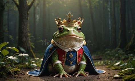 Cute Frog Dressed As King With Royal Cape And Crown Standing In Forest Stock Illustration