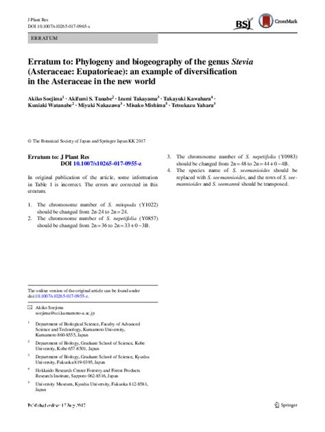 Pdf Erratum To Phylogeny And Biogeography Of The Genus Stevia Asteraceae Eupatorieae An