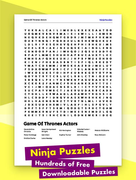 Free Printable Game Of Thrones Actors Themed Word Search Puzzle Free