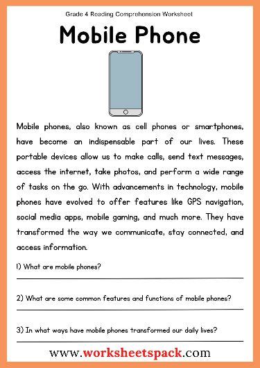 Mobile Phone Reading Comprehension Worksheet For Grade 4