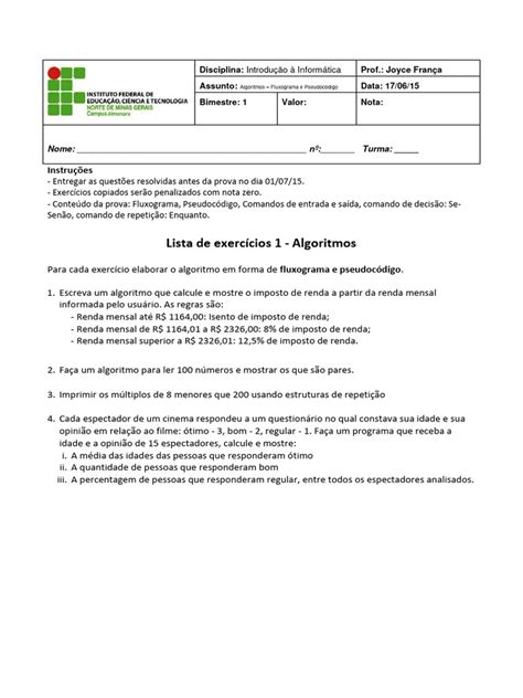 Lista De Exercícios 1 Algoritmos Pdf