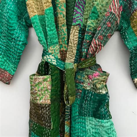 Silk Kantha Quilt Robe Hand Stitched Made From Vintage Silk Kantha