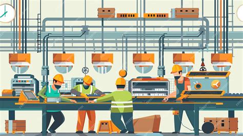 Workers Wearing Hard Hats Safety Vests Masks Assembling Products