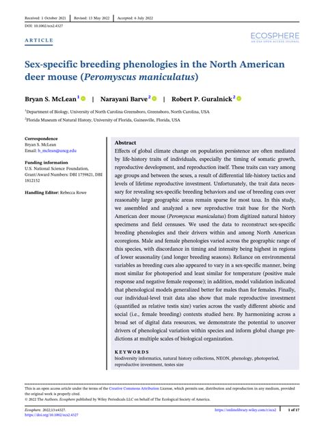 Pdf Sex‐specific Breeding Phenologies In The North American Deer Mouse Peromyscus Maniculatus