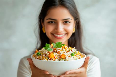 A Woman Holds A Bowl Of Rice With Rice And Vegetables Premium Ai