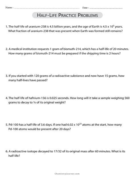 Half Life Problems Worksheet Pdf