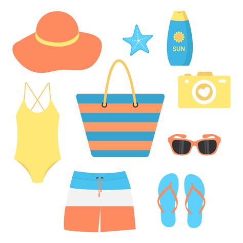 Summer Beach Items Set Vector Cartoon Elements Of Sea Recreation