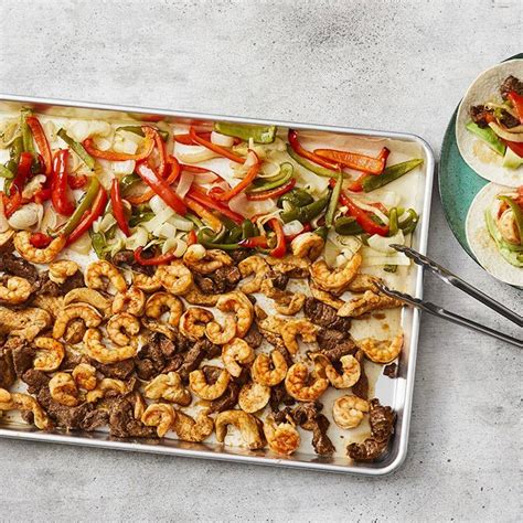 Sheet Pan Steak Chicken And Shrimp Fajitas Savory