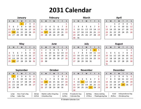 Download 2031 Calendar Printable With Us Holidays Weeks Start On Sunday