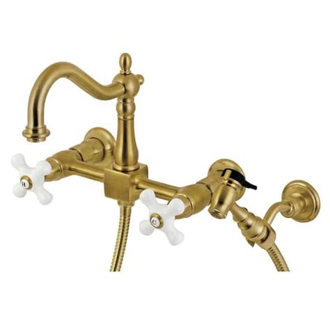 Kingston Brass Heritage 2 Handle Wall Mount Kitchen Faucets With Brass