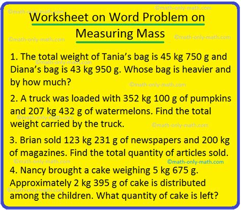 Worksheet On Word Problem On Measuring Mass Artofit