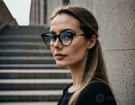 Photo Of Beautiful Woman With Black Bold Glasses At Staircase In Front