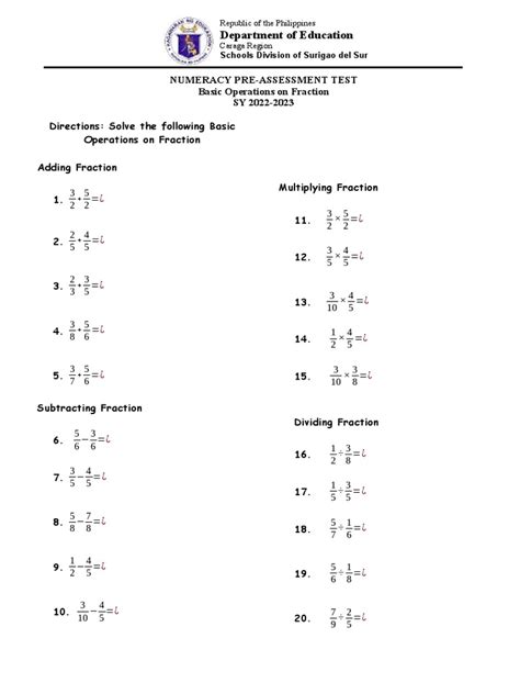 Tq Numeracy Pre Test Fracton Pdf Division Mathematics Mathematics