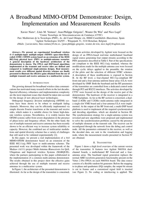 Pdf A Broadband Wireless Mimo Ofdm Demonstrator Design And