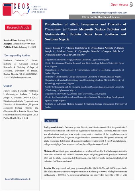Pdf Distribution Of Allelic Frequencies And Diversity Of Plasmodium