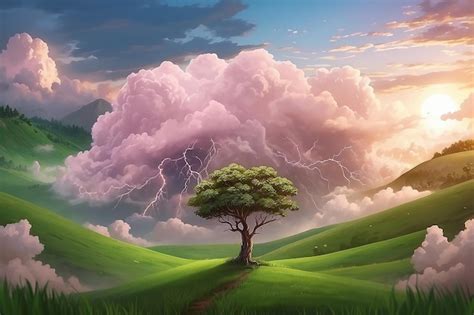 Premium Photo Grassy Landscape With A Tree And Raincloud