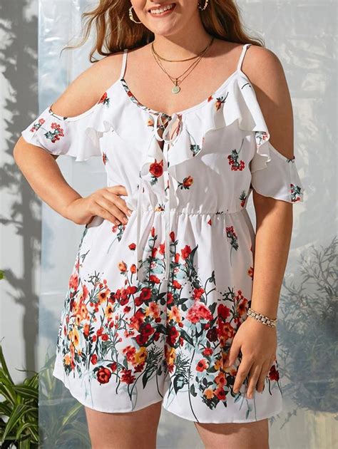 Plus Size Floral Print Cold Shoulder Tie Front Ruffle Romper 5x 1930